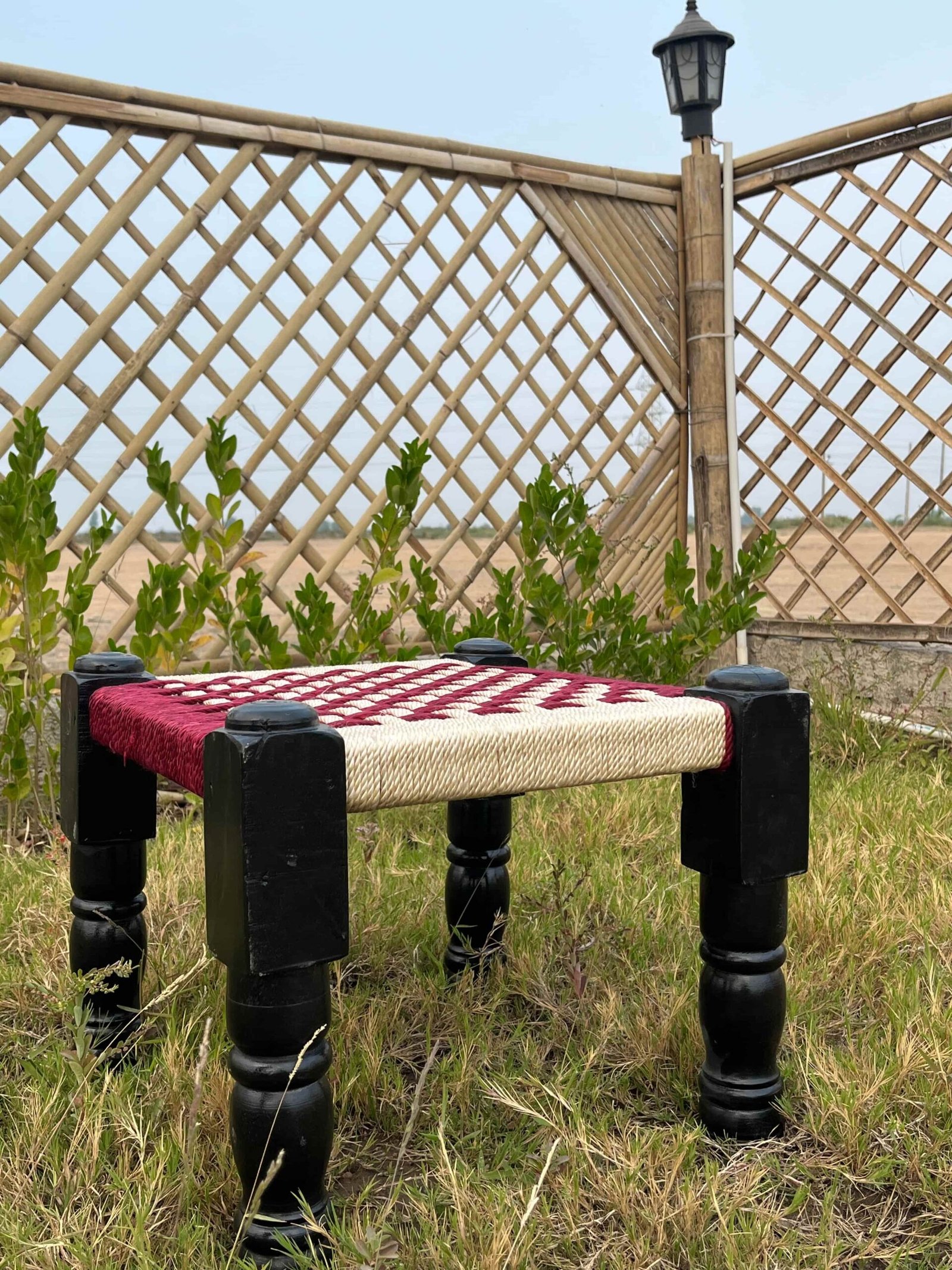 Handcrafted Rajvadi Wooden Khatli Stool – Maroon & Cream - The Craft Legacy