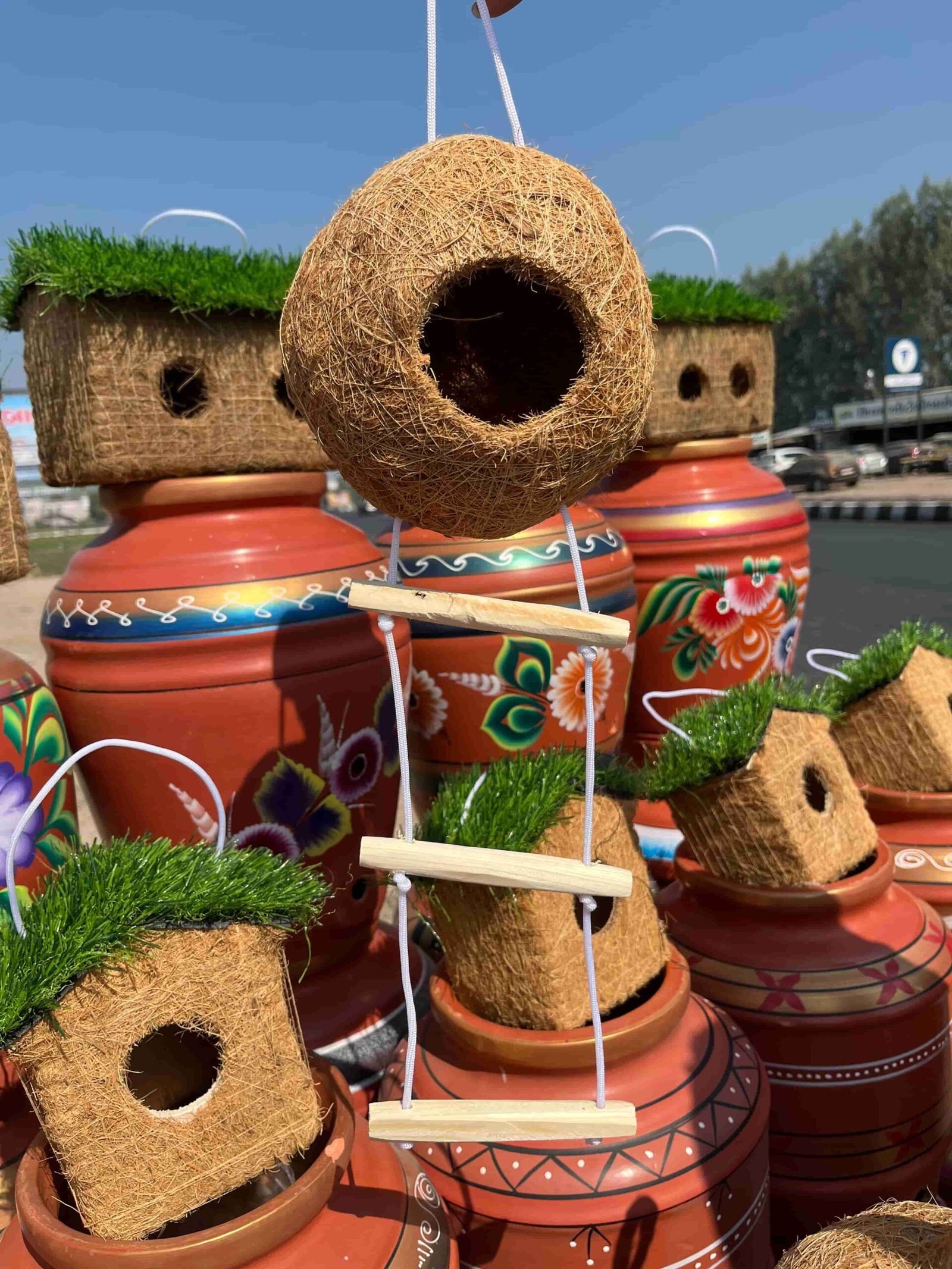 Handmade Round Coconut Coir Birdhouse with Stairs and Rope - The Craft ...